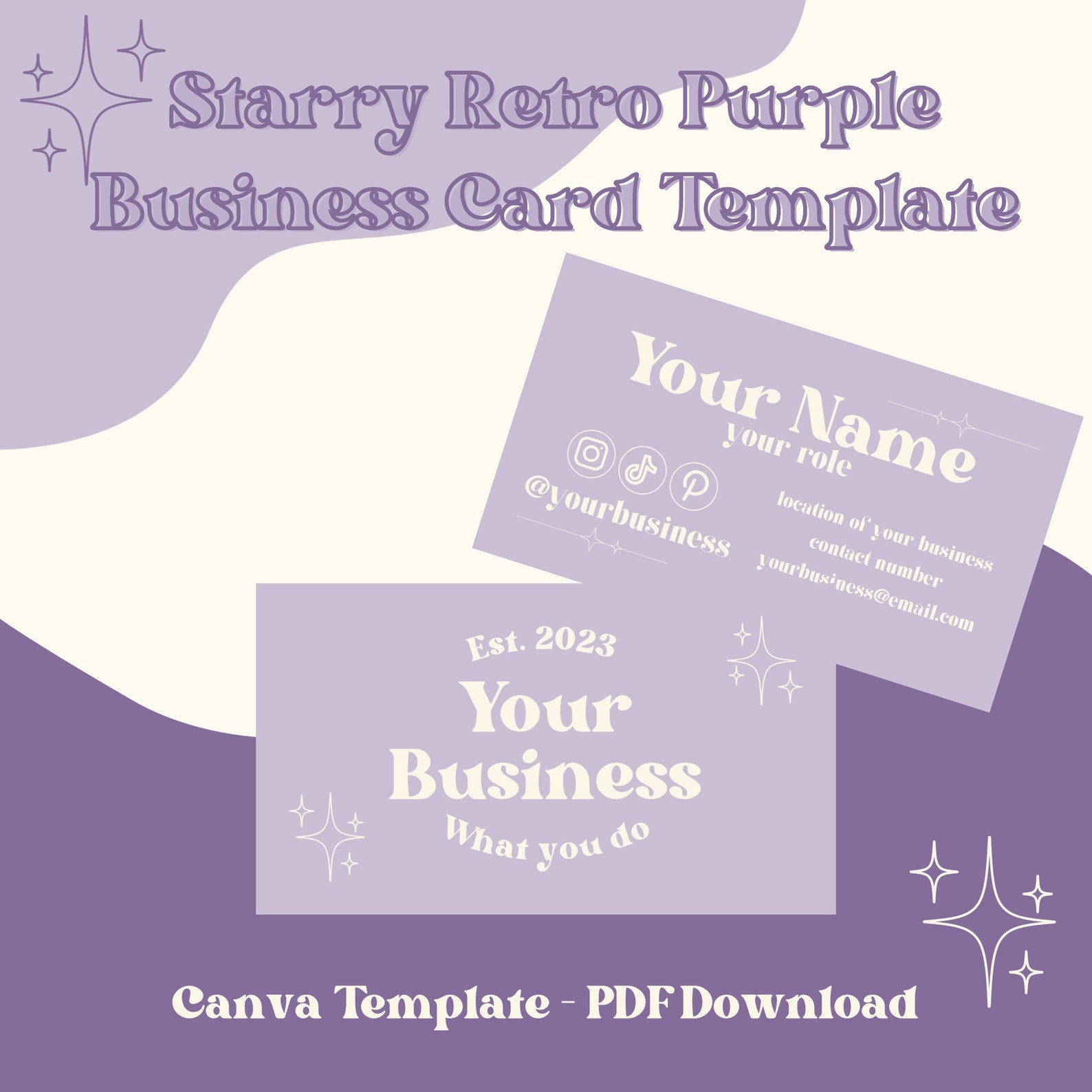 Starry Retro Purple Business Card Canva Template - Etsy