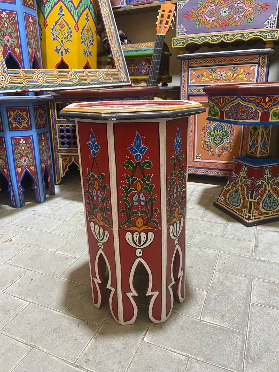 Moroccan Wooden Side Table, Hand Painted Table, Hexagonal Table ...