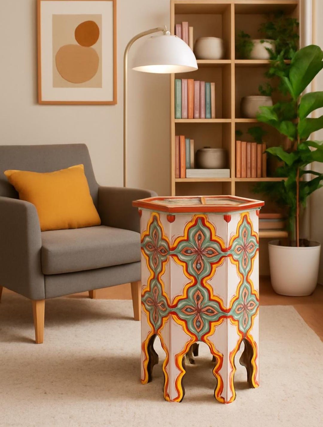 Moroccan Wooden Side Table, Hand Painted, Hexagonal, Perfect for ...