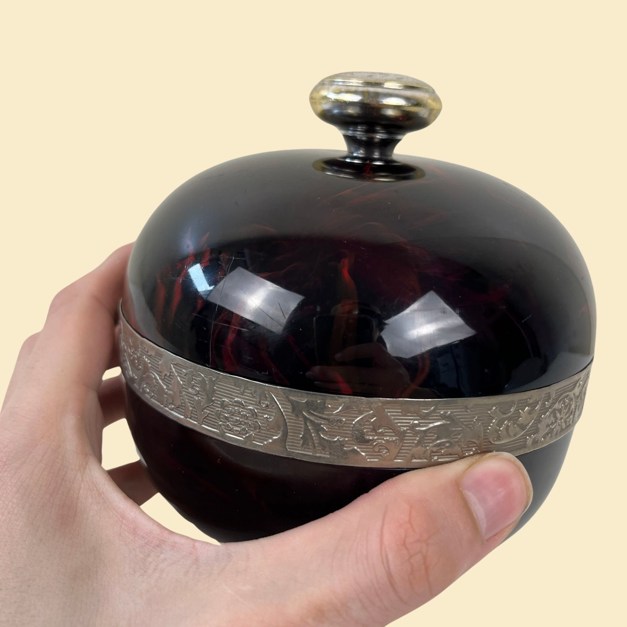 1960s Red Powder Container, Vintage Tortoise Shell / Marbled Acrylic ...