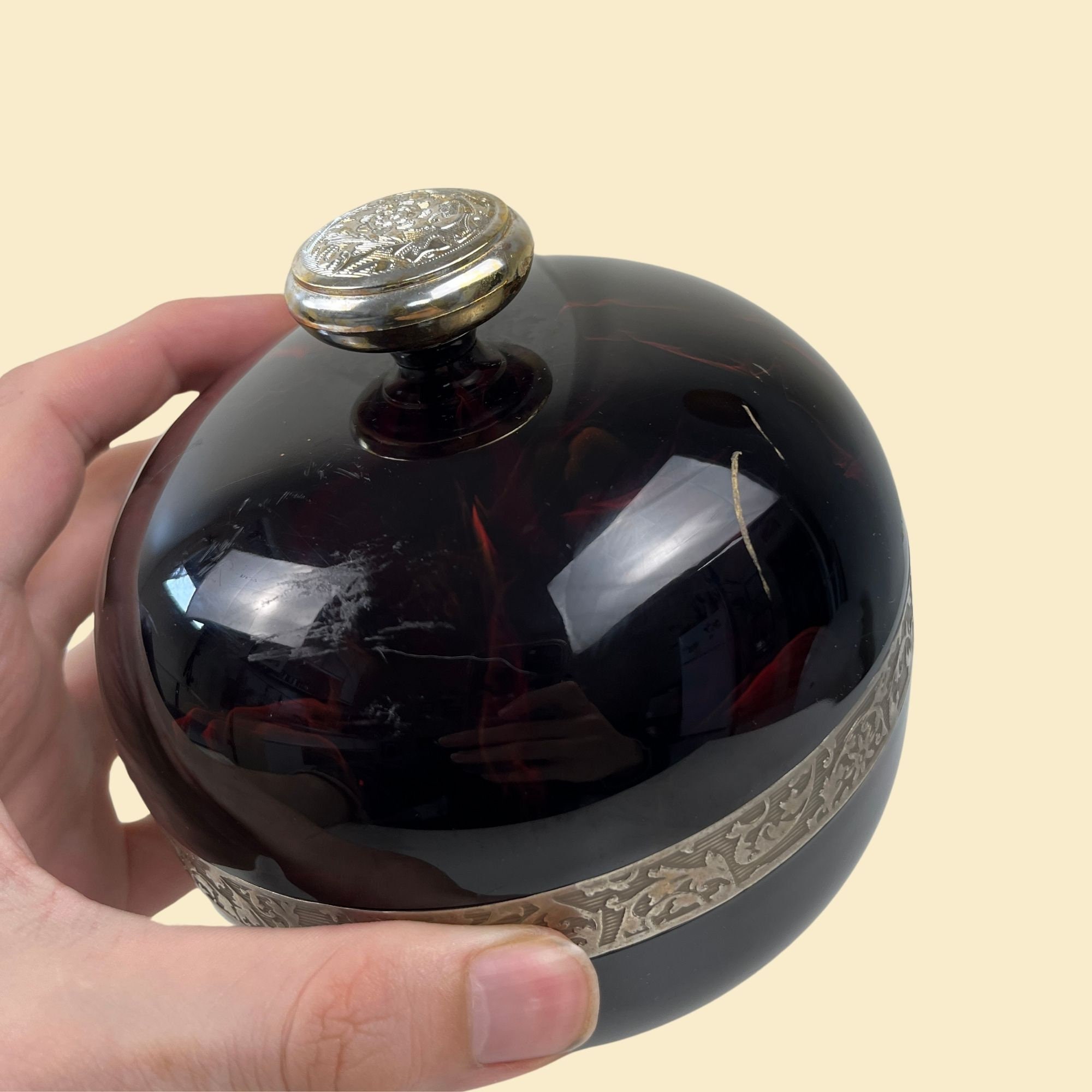 1960s Red Powder Container, Vintage Tortoise Shell / Marbled Acrylic ...