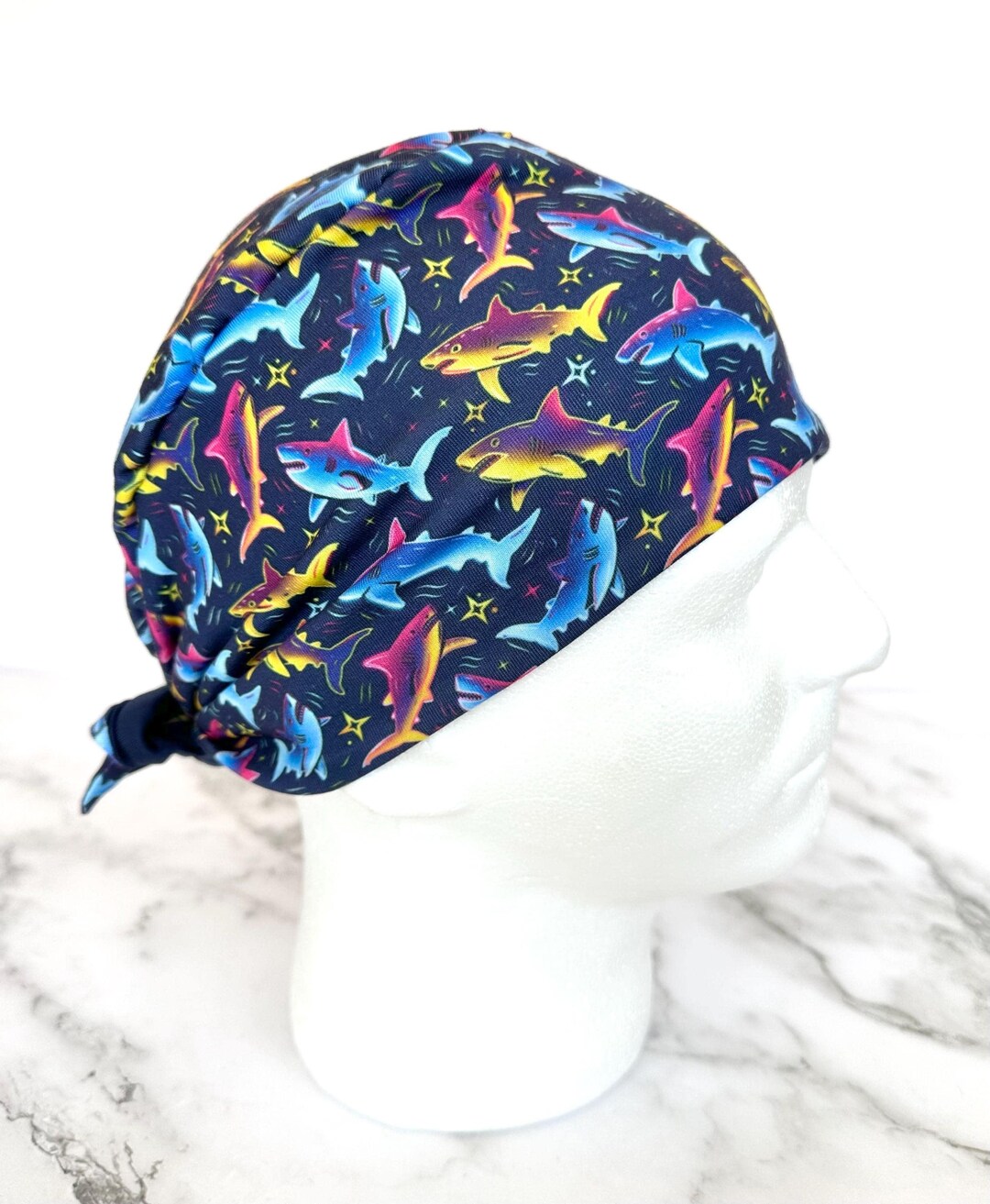 Neon Sharks Scrub Cap | Summer Beach Ocean Stretchy Scrub Hat, Nurse ...