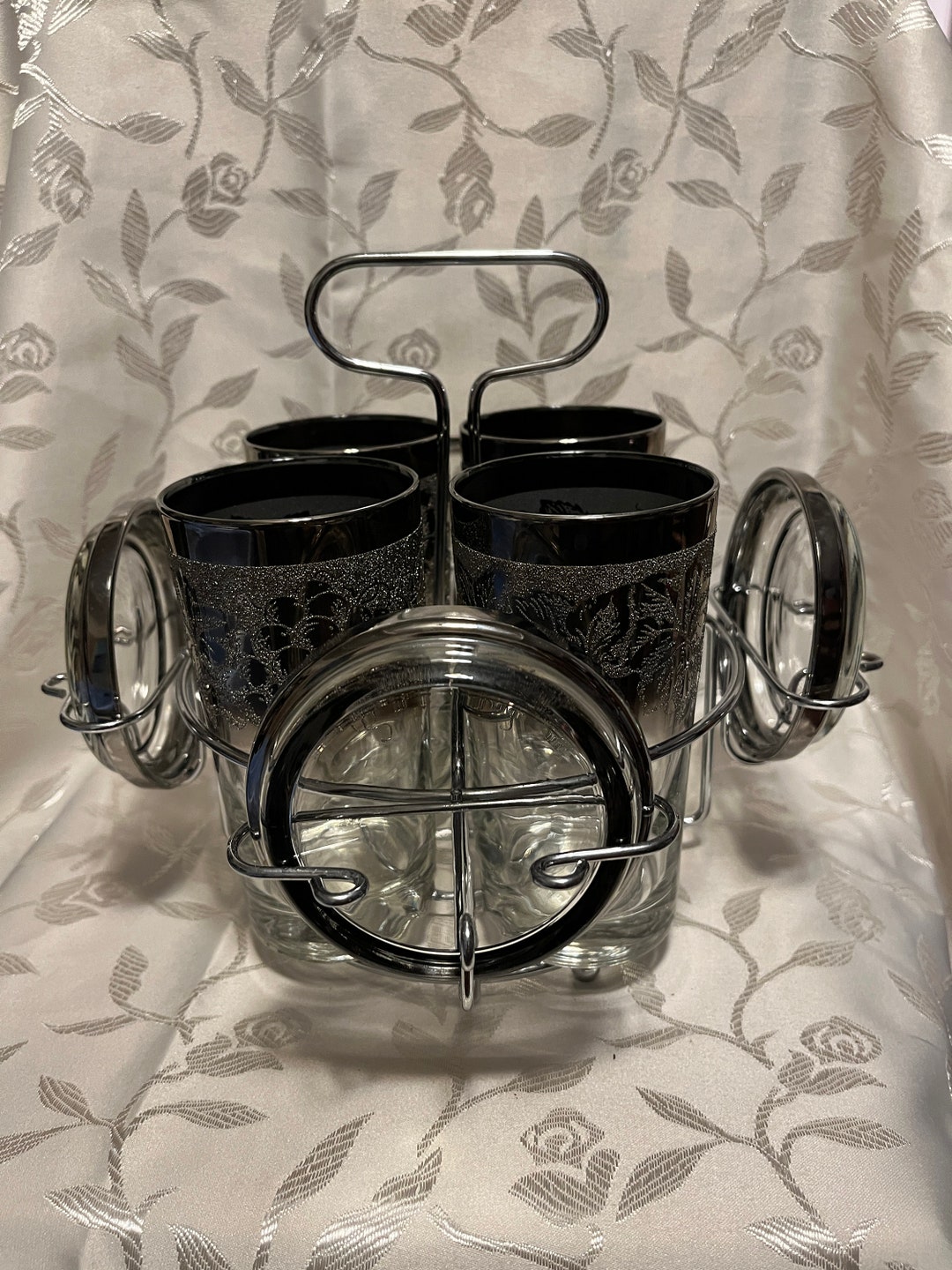 Vintage MCM Dorothy Thorpe Etched Silver Fade Glass Set With Coasters ...