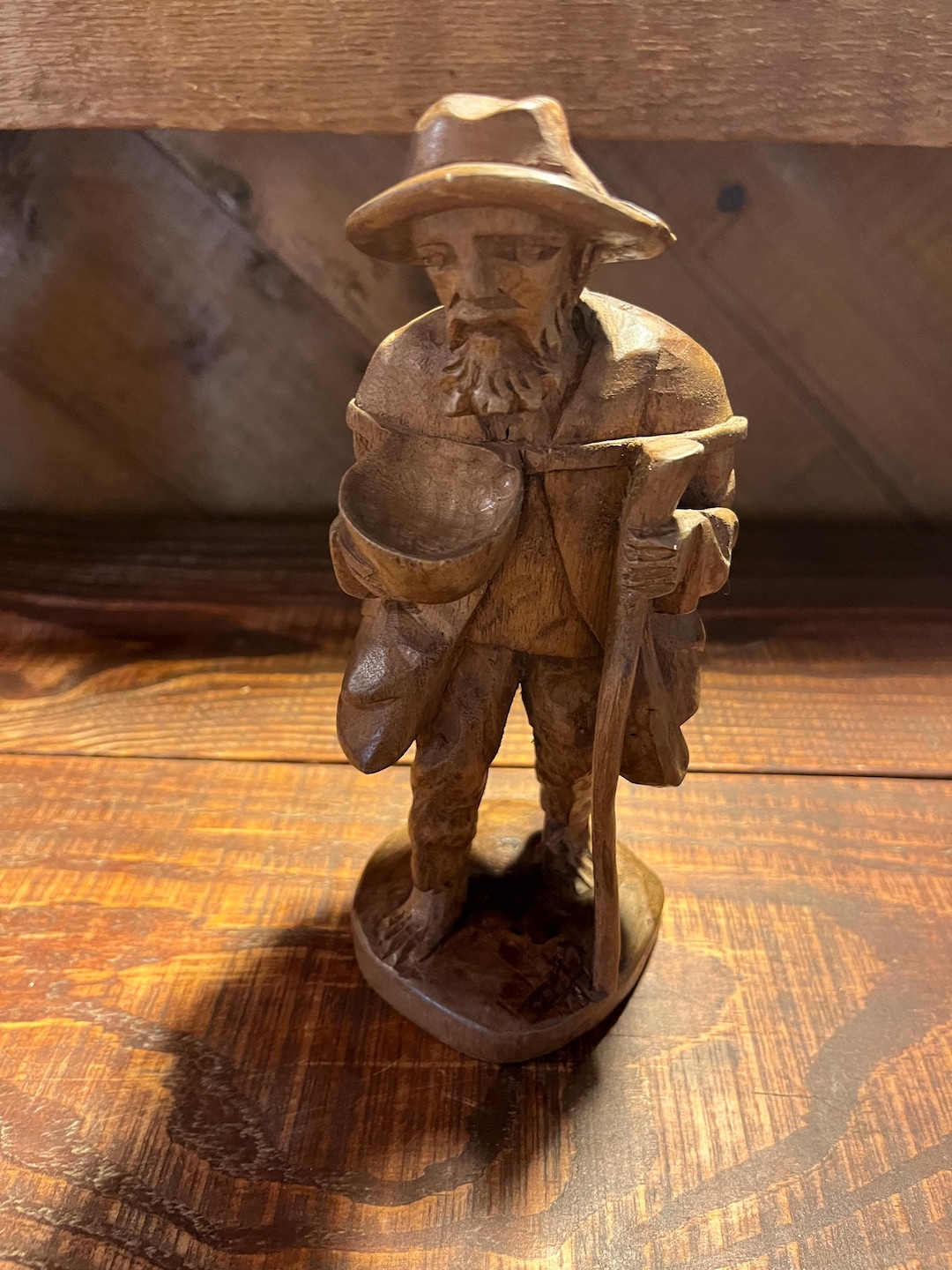 Vintage Fold Art Wooden Hand Carved Man With Walking Cane and Backpack ...