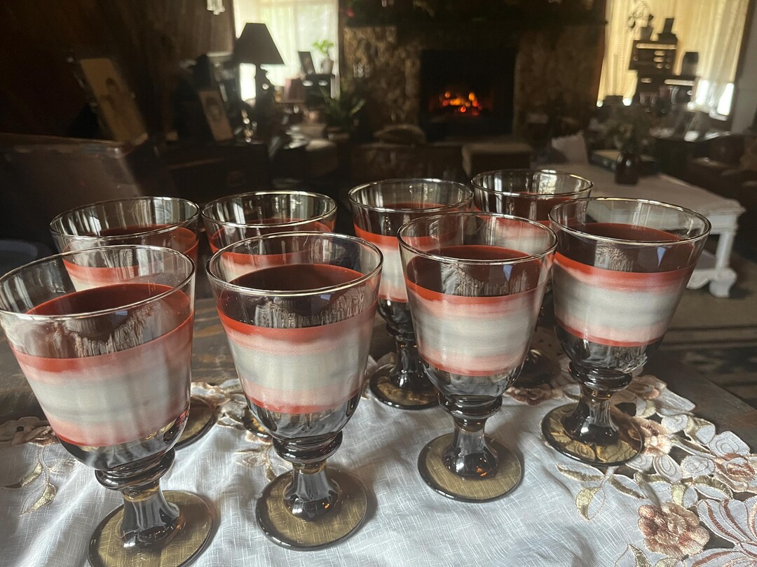 Set of 8 Vintage Libbey Glass Co. Sango Nova Brown Stem Water Goblets ...