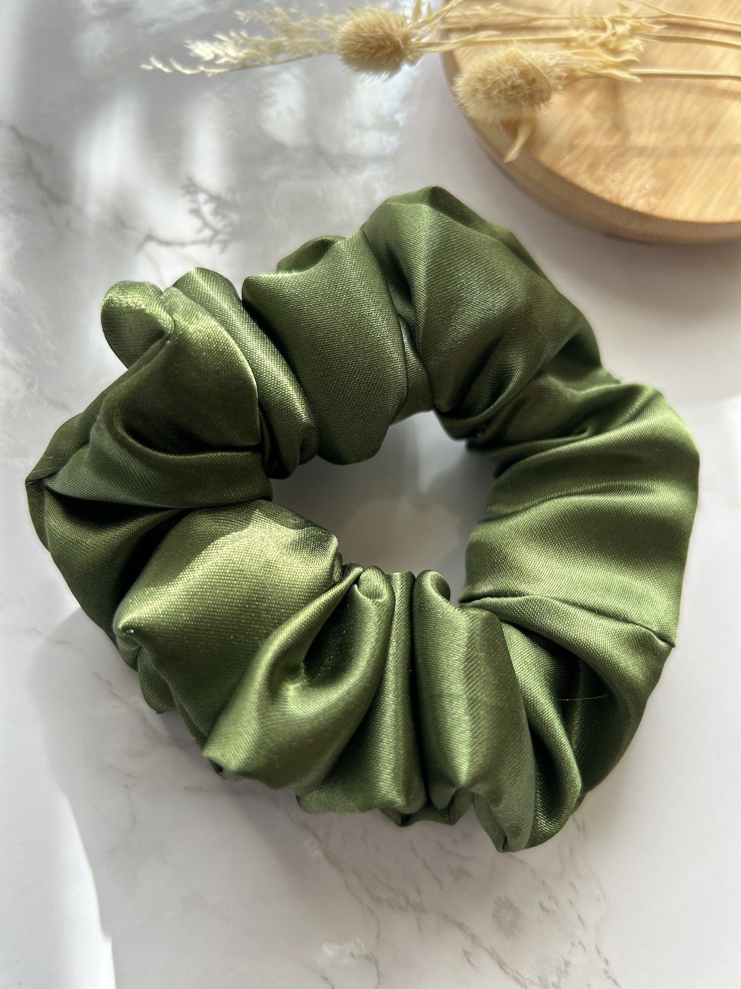 Dark Olive Handmade Scrunchies, Satin Hair Scrunchie, Medium Scrunchie ...