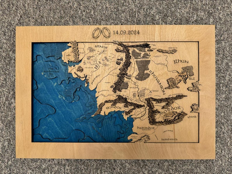 Map of Middle Earth. Lords of Rings. 3D Wooden Map Laser Cut. 3 Formats ...