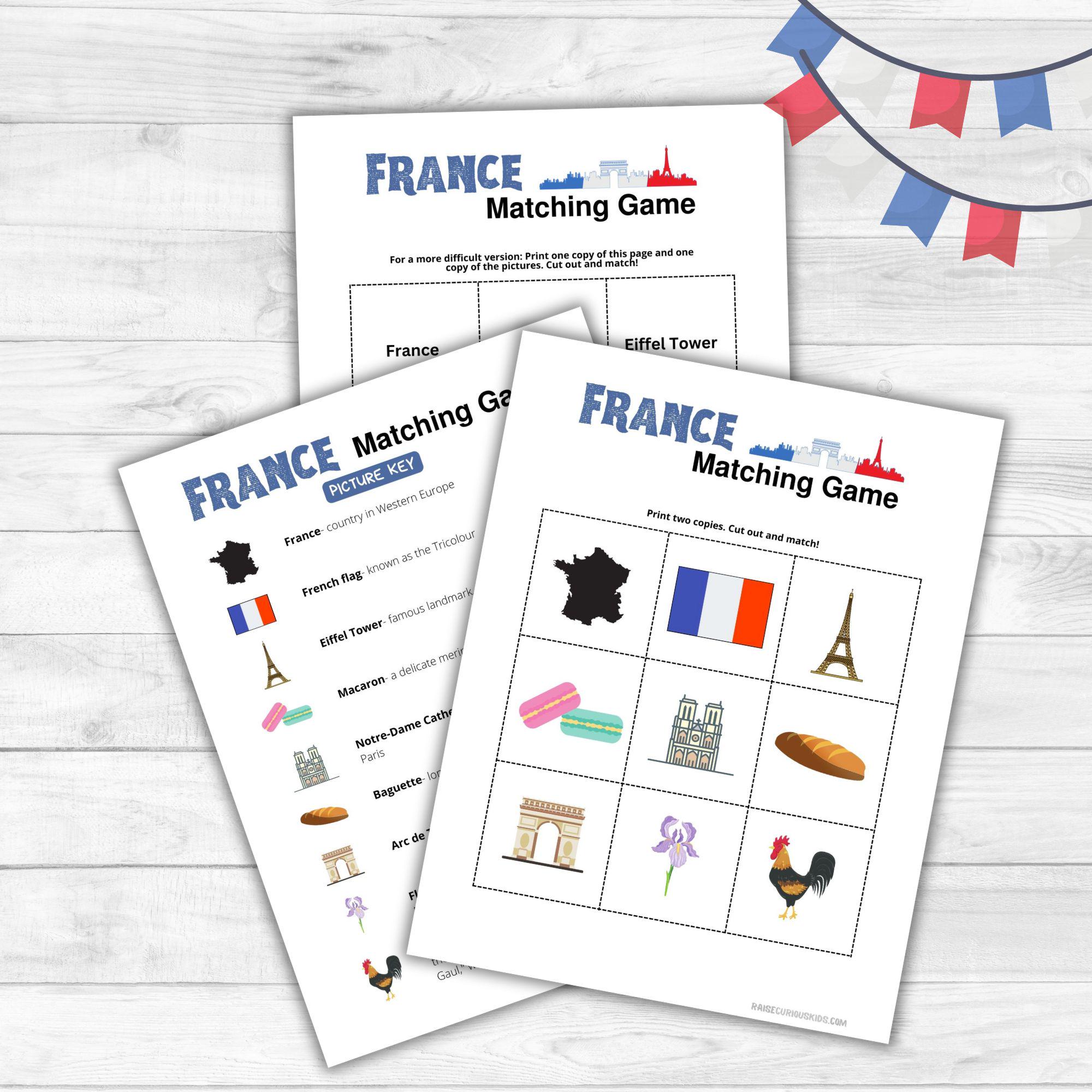 France Activity Printables for Kids- France I Spy Game, France Matching ...