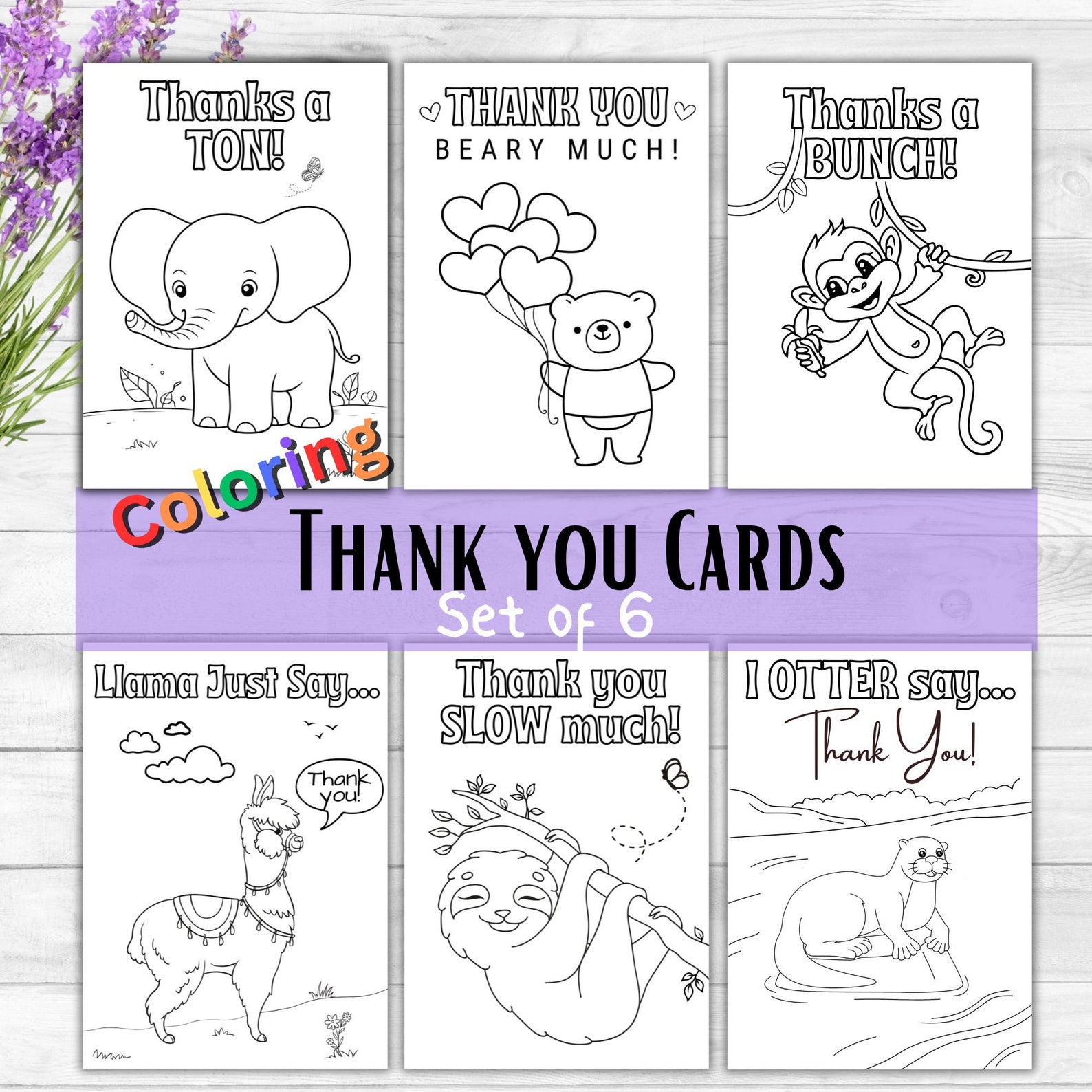 Thank You Coloring Cards- Printable Bundle of 6 Cards- Color Your Own ...