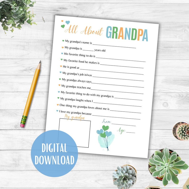 All About Grandpa Printable Questionnaire- Father's Day Gift for ...