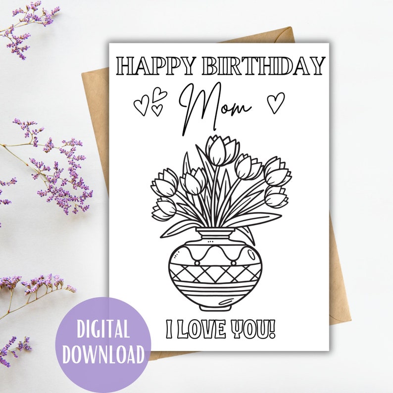 Mom Birthday Card Printable- Kids Coloring Card- Color Your Own ...
