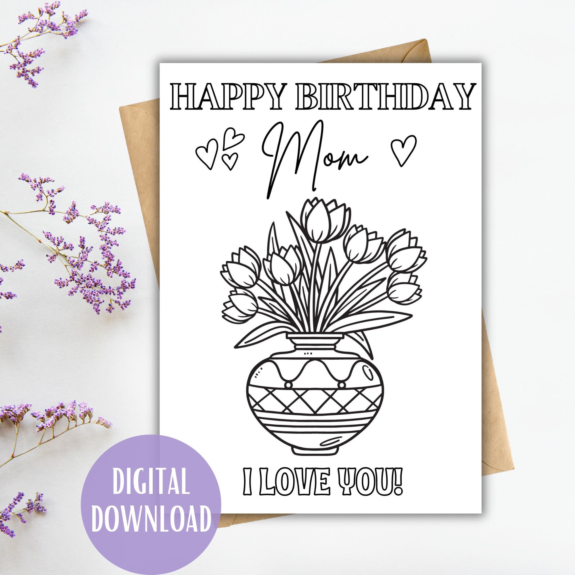 Mom Birthday Card Printable- Kids Coloring Card- Color Your Own ...
