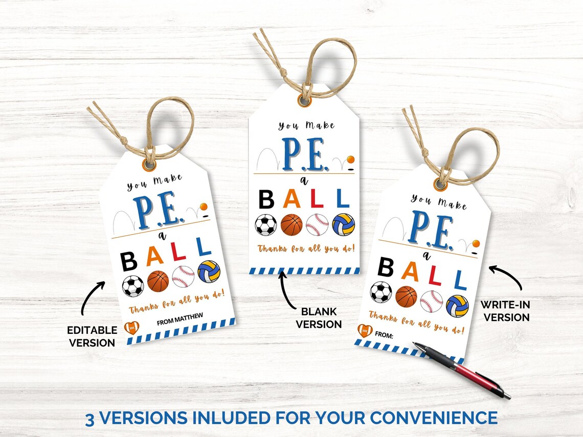 PE Teacher Appreciation Tag, Editable Gym Teacher Thank You Tag ...
