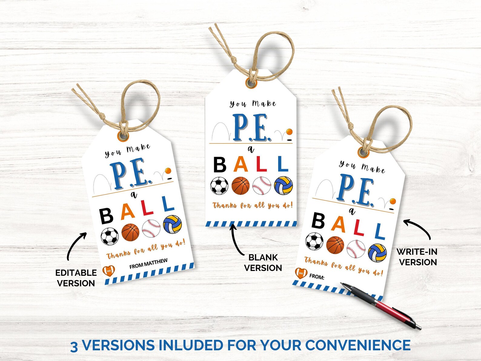 PE Teacher Appreciation Tag, Editable Gym Teacher Thank You Tag ...