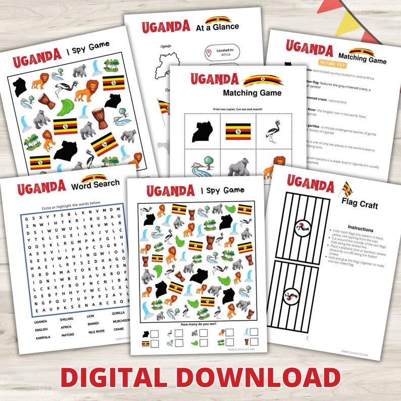 Uganda Activity Printables for Kids Uganda I Spy Game, Uganda Matching ...