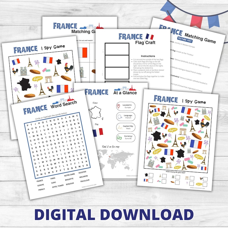 France Activity Printables for Kids- France I Spy Game, France Matching ...
