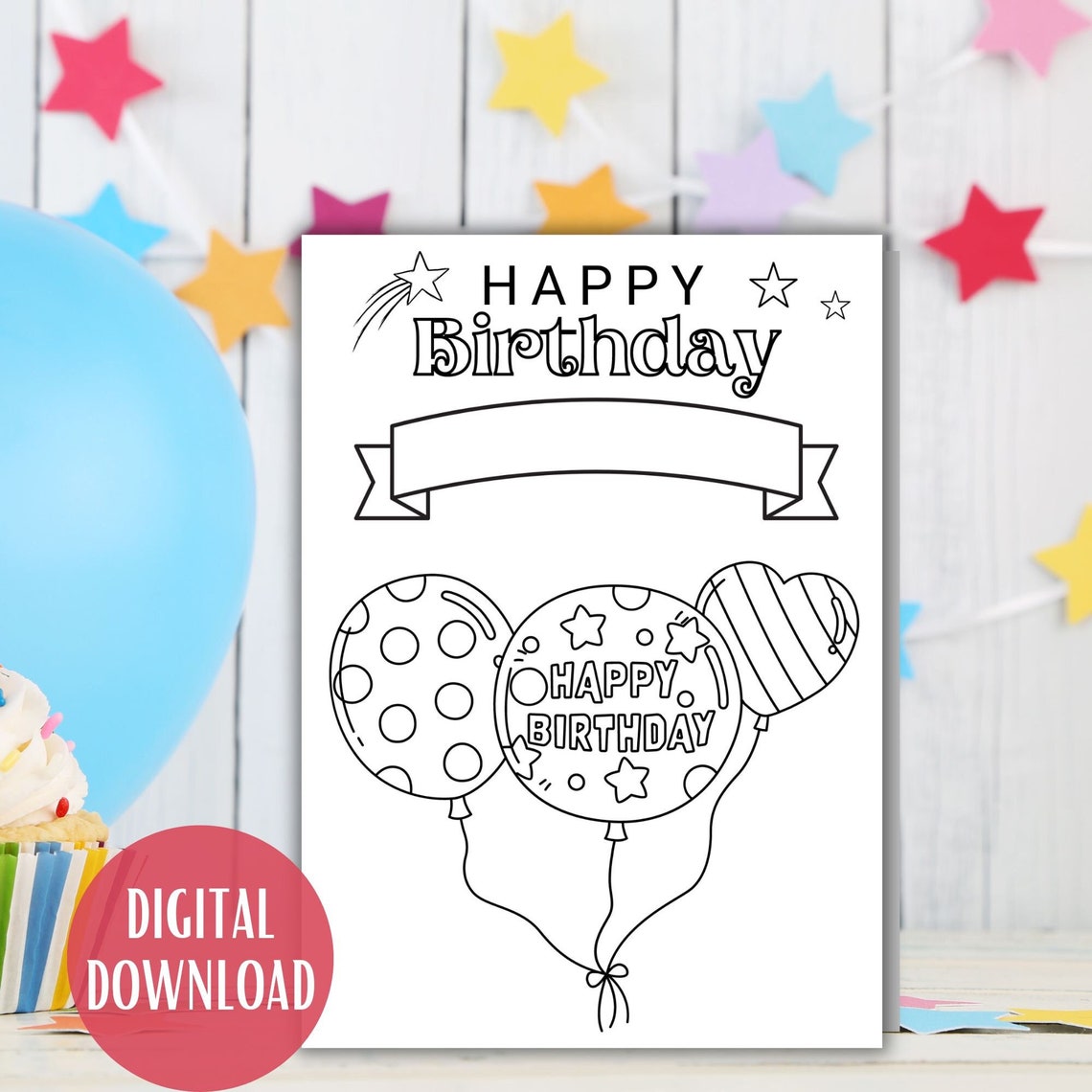 Coloring Birthday Card Printable- Color Your Own Birthday Card- Balloon ...