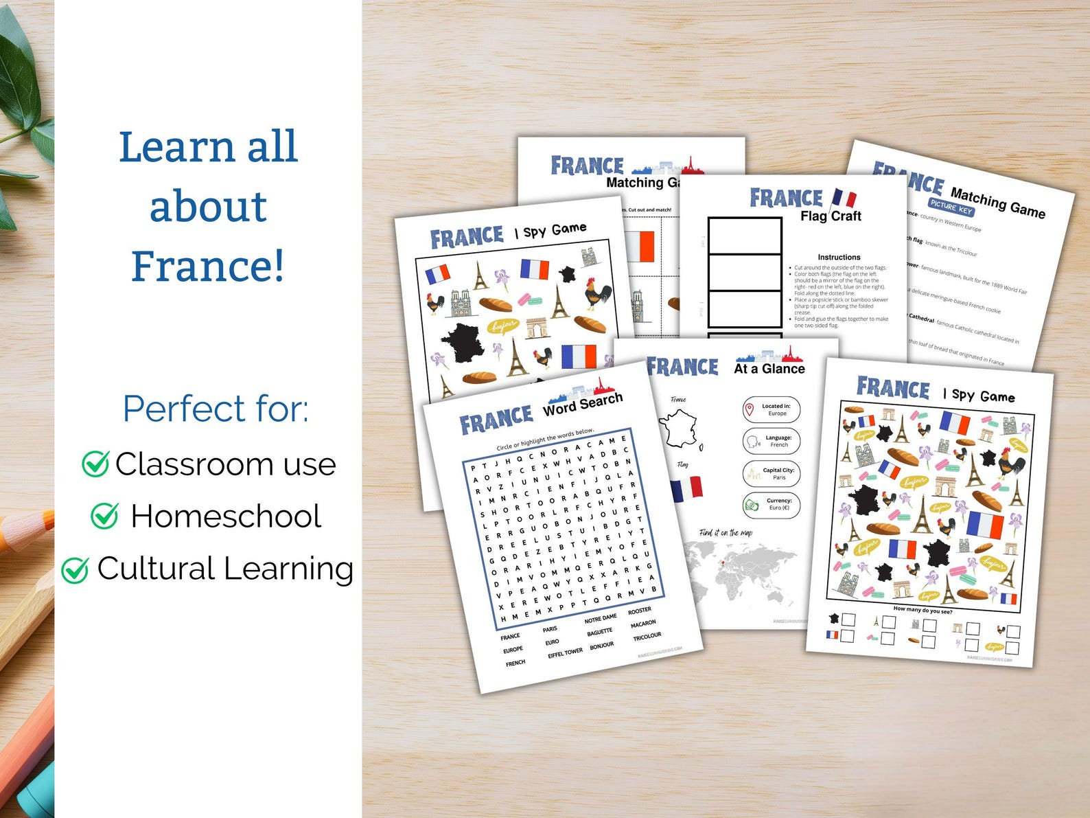 France Activity Printables for Kids- France I Spy Game, France Matching ...
