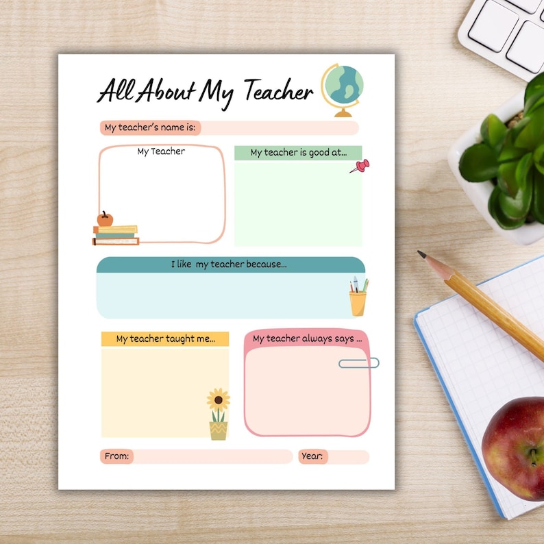 All About My Teacher Printable Questionnaire- Teacher Appreciation Gift ...