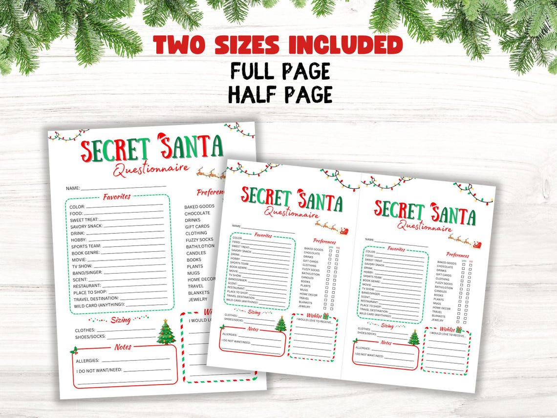 Secret Santa Questionnaire, Christmas Gift Exchange Survey, Staff ...
