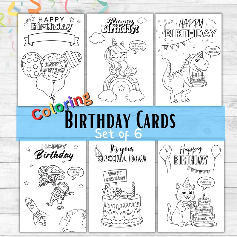 Happy Birthday Coloring Kids Card, Printable Bundle of 6, Color Your ...