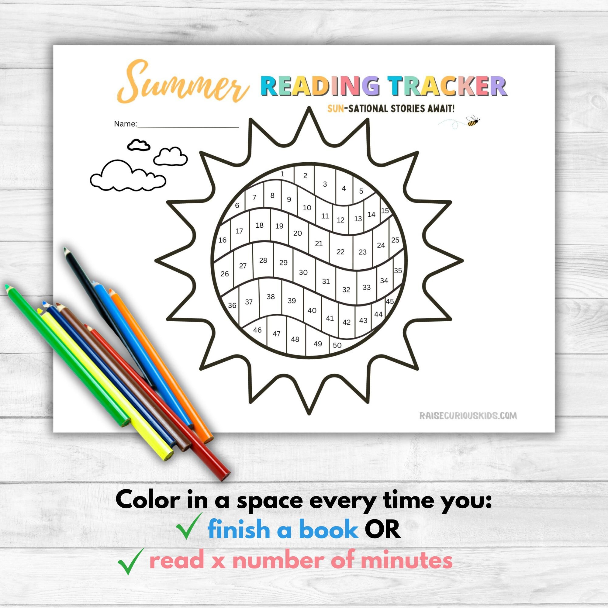 Summer Sun Reading Tracker for Kids- 50 Book Tracker- Summer Reading ...