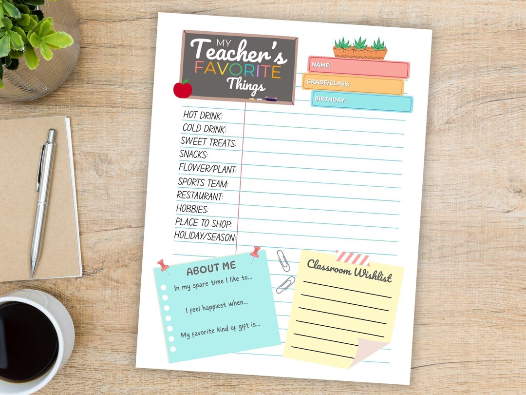 Teacher Favorites Printable Questionnaire, Teacher Appreciation, Back ...