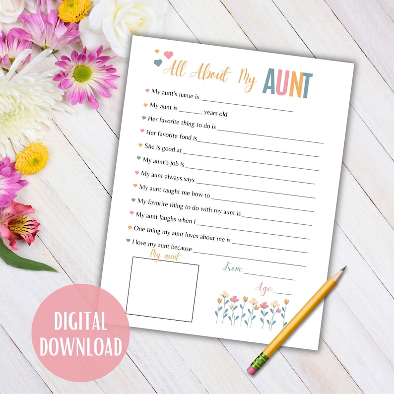 All About My Aunt Printable Questionnaire- Aunt Birthday Gift From ...