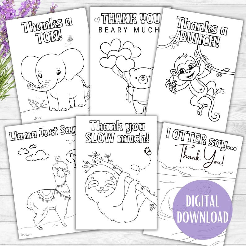 Thank You Coloring Cards- Printable Bundle of 6 Cards- Color Your Own ...