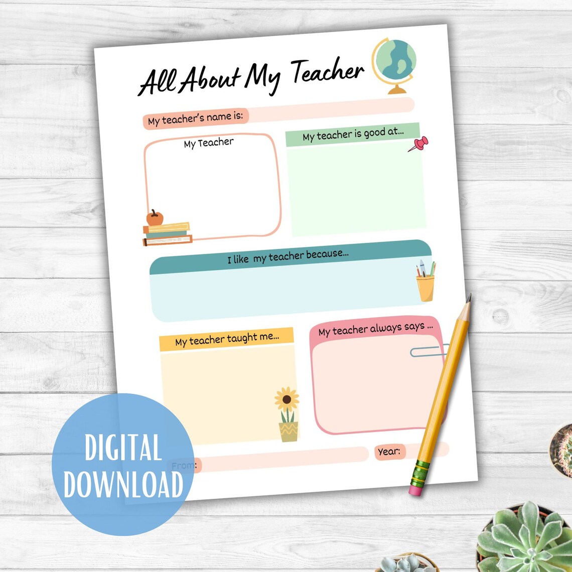 All About My Teacher Printable Questionnaire- Teacher Appreciation Gift ...