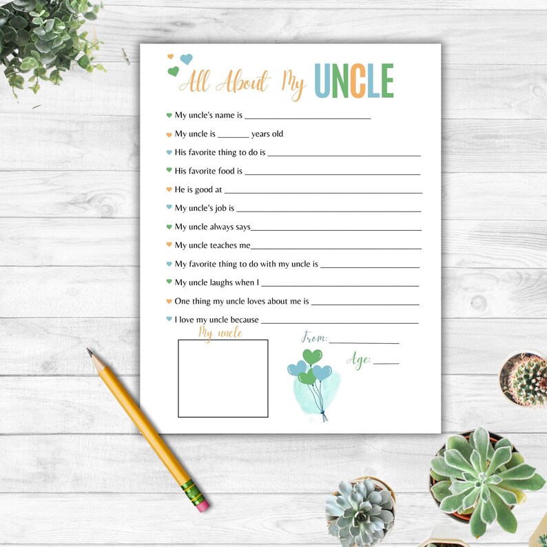 All About My Uncle Printable Questionnaire Uncle Birthday Gift From ...