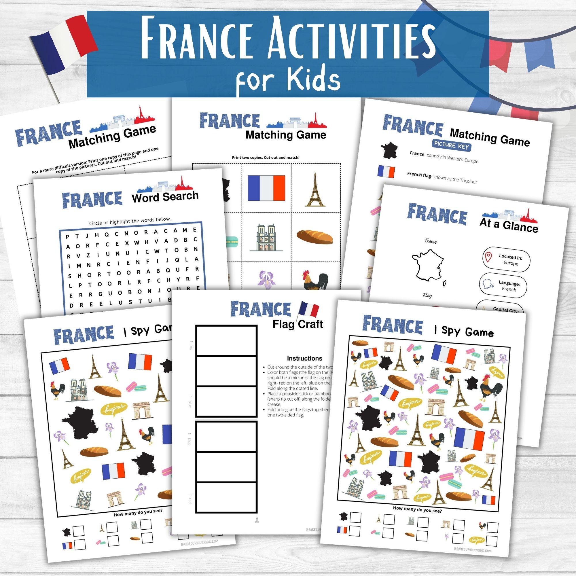 France Activity Printables for Kids- France I Spy Game, France Matching ...