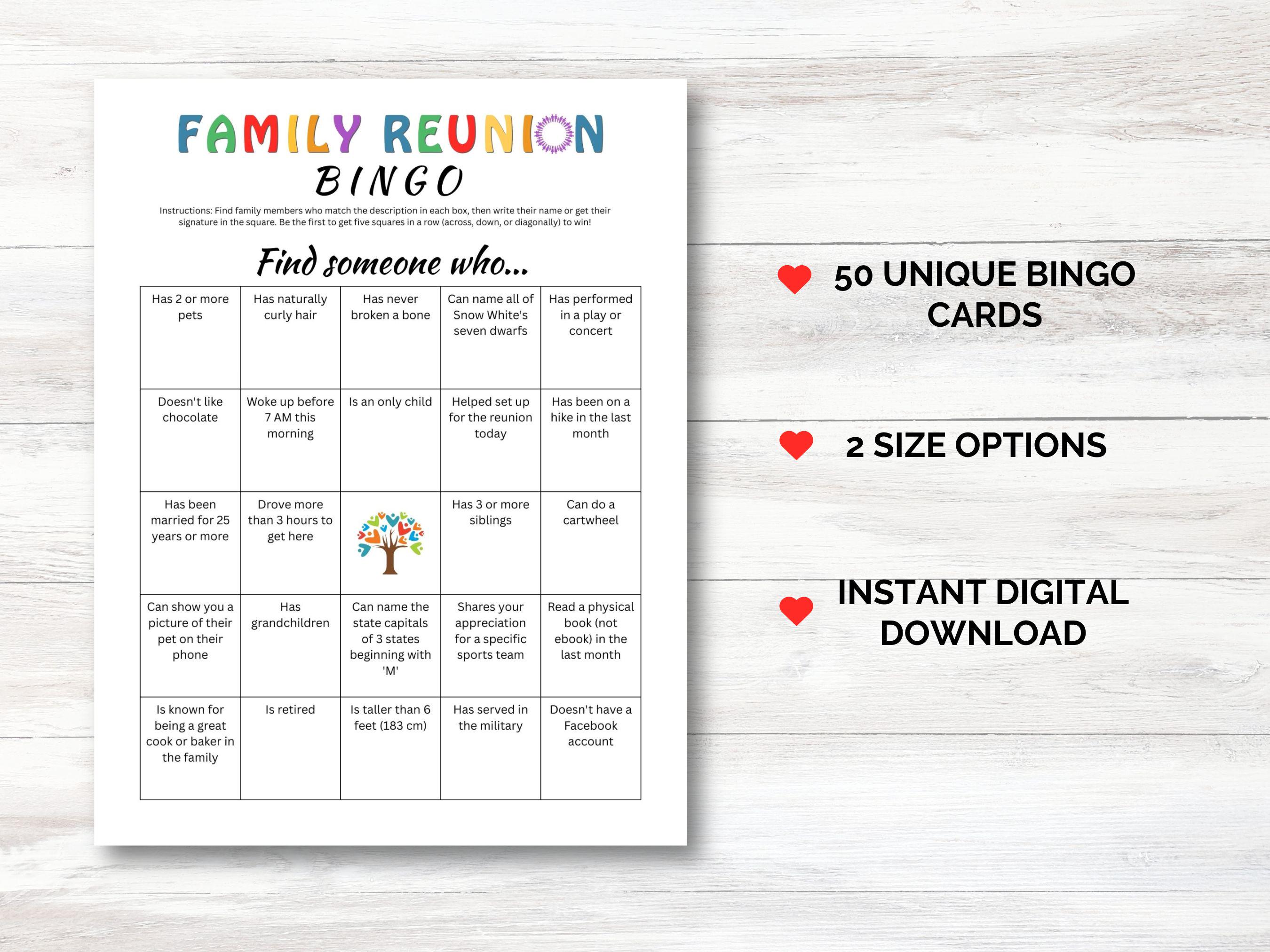 Family Reunion Bingo Cards- Family Reunion Icebreaker Games- Mix and ...
