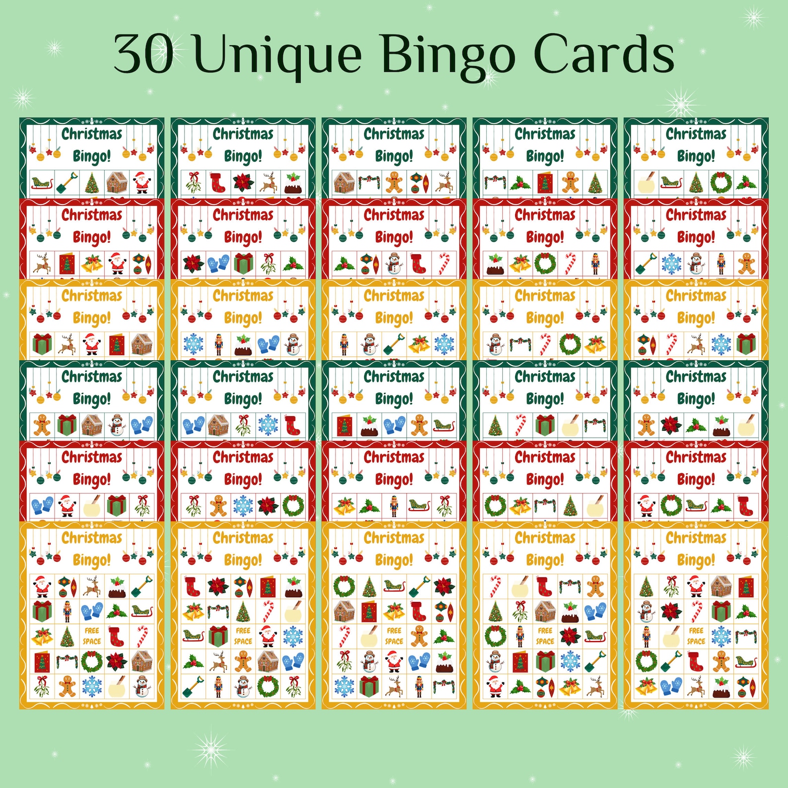 Christmas Bingo, 30 Printable Bingo Cards, Christmas Games for Family ...