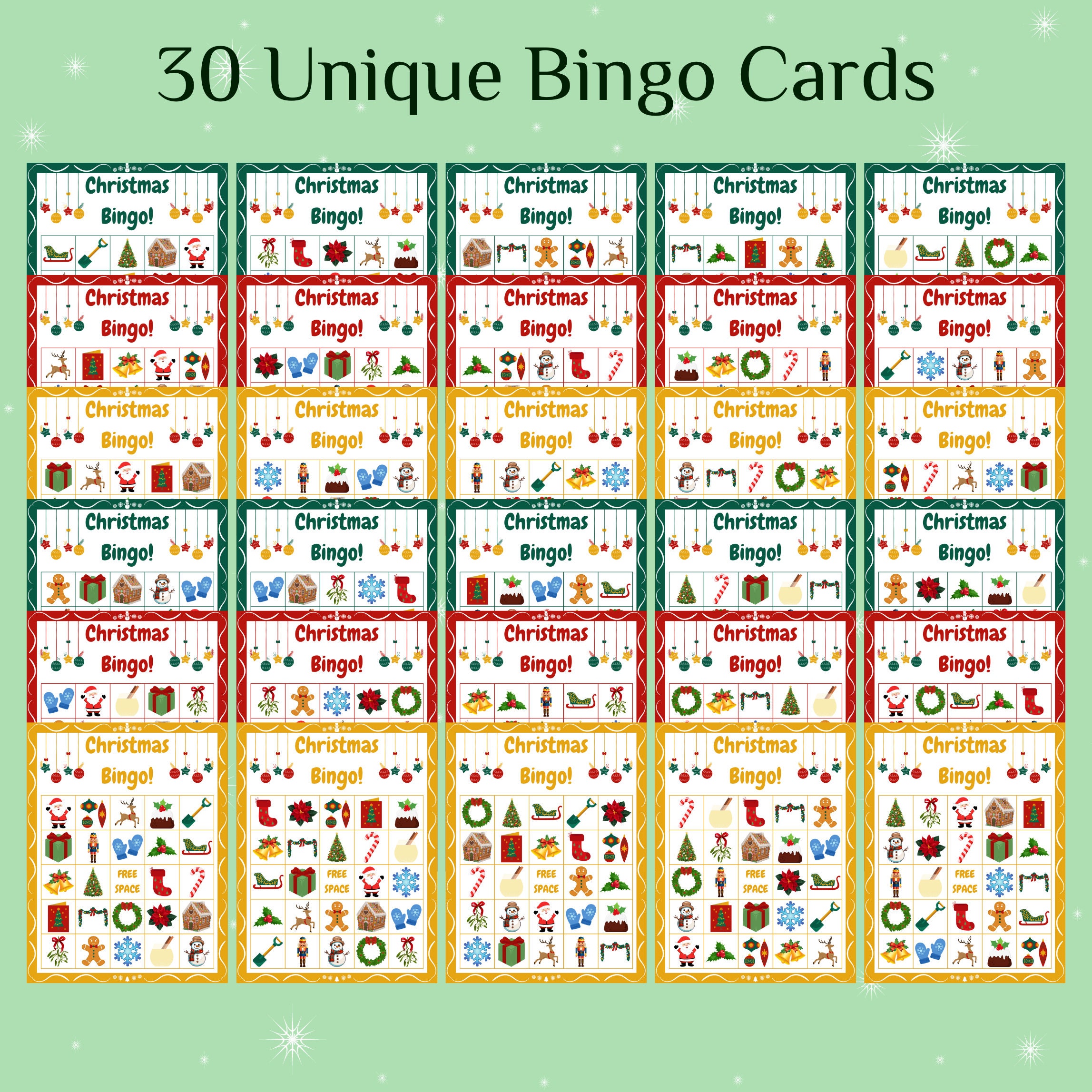 Christmas Bingo, 30 Printable Bingo Cards, Christmas Games for Family ...