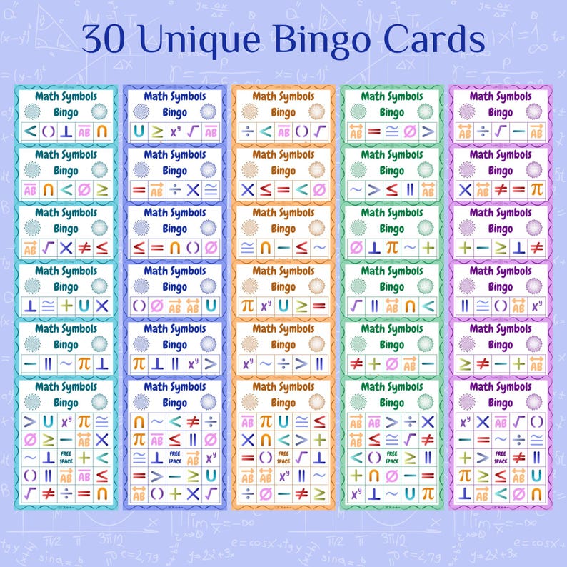 Math Symbols Bingo Cards, Educational Bingo Game, 30 Printable Bingo ...