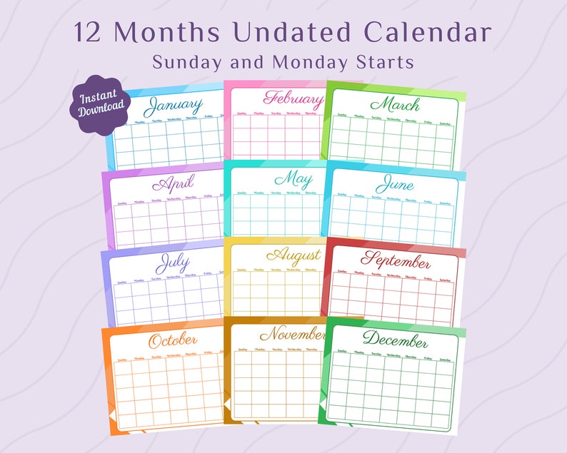 Undated Minimalist Color Calendar, Sunday and Monday Starts, Landscape ...