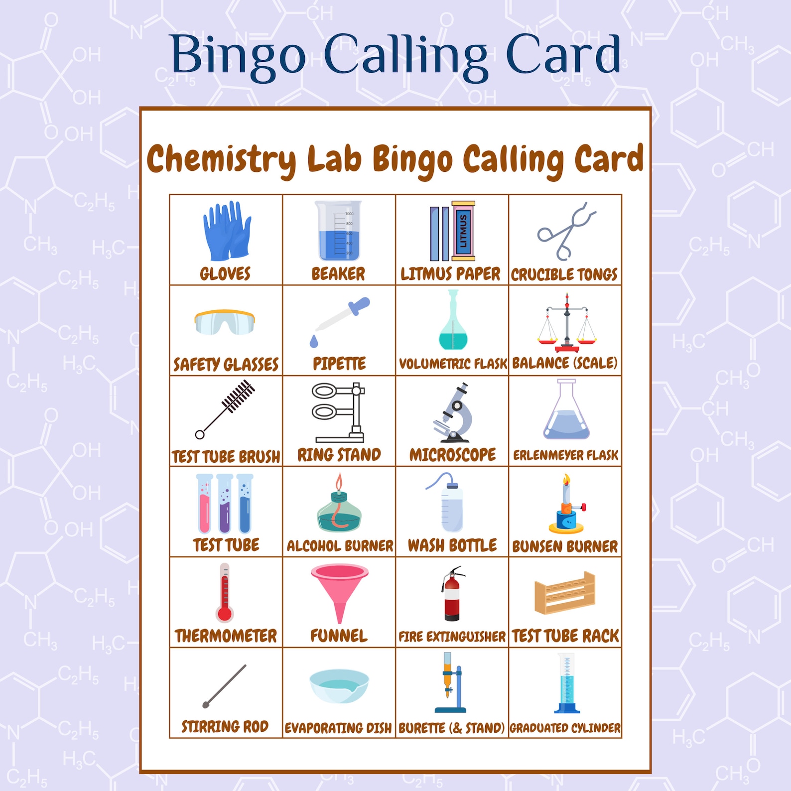 Chemistry Lab Bingo Cards, Educational Science Bingo Game, Information ...