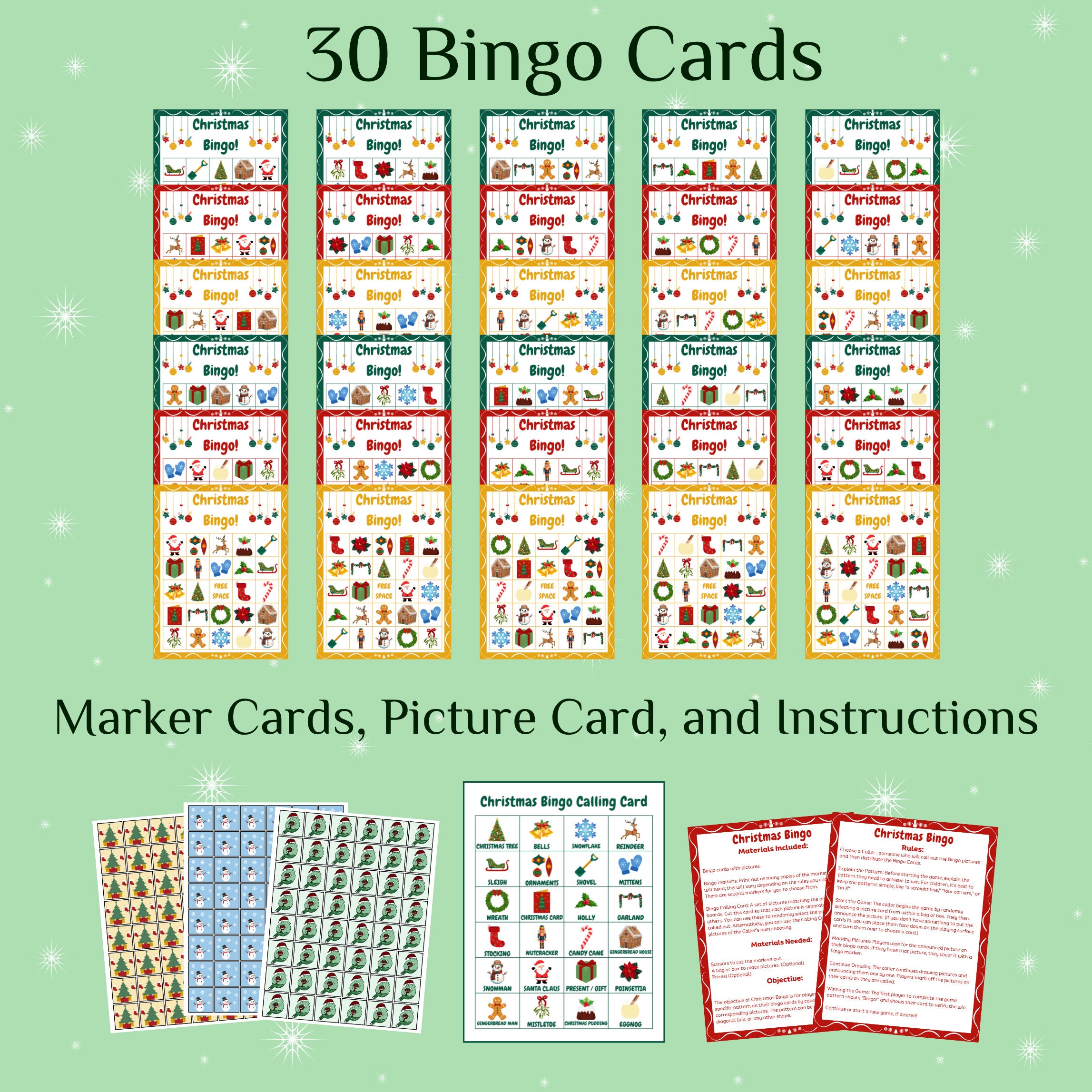 Christmas Bingo, 30 Printable Bingo Cards, Christmas Games for Family ...