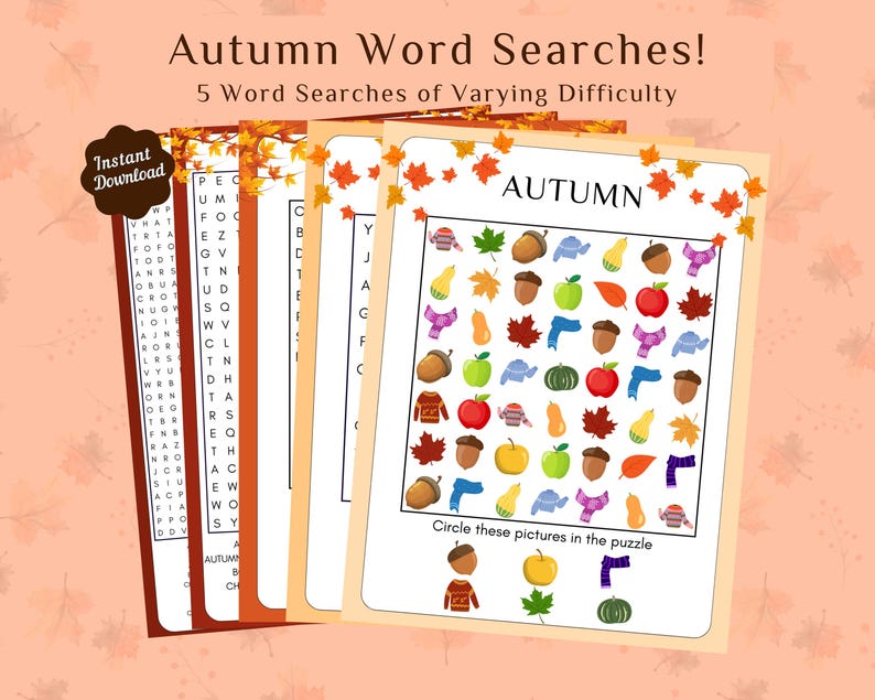 Autumn Word Search Bundle, Printable Digital Download for Fall, Fall ...