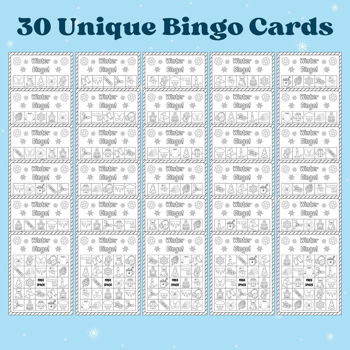 Winter Bingo Coloring Pages, 30 Unique Bingo Game Cards to Color In ...