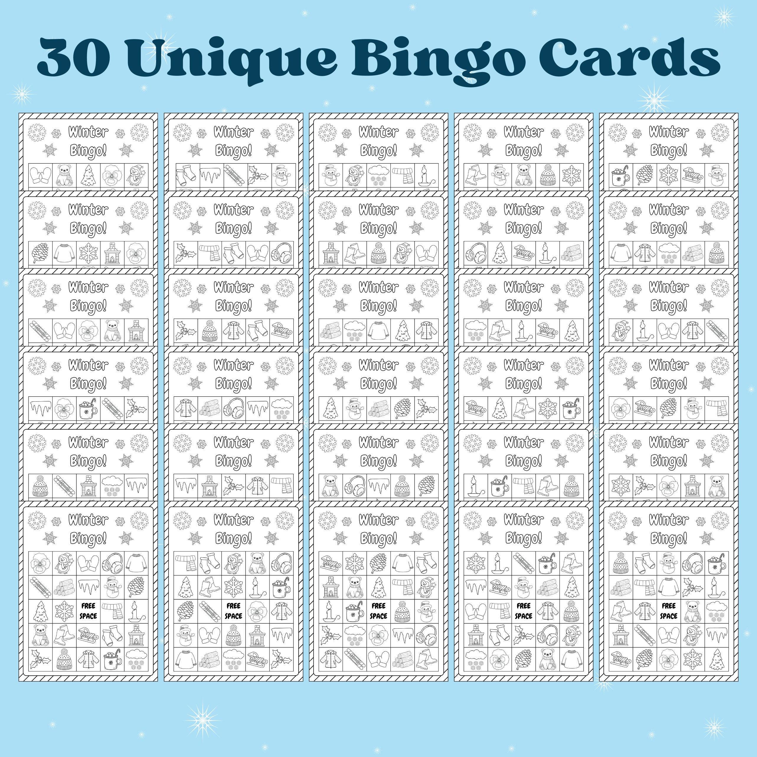 Winter Bingo Coloring Pages, 30 Unique Bingo Game Cards to Color In ...