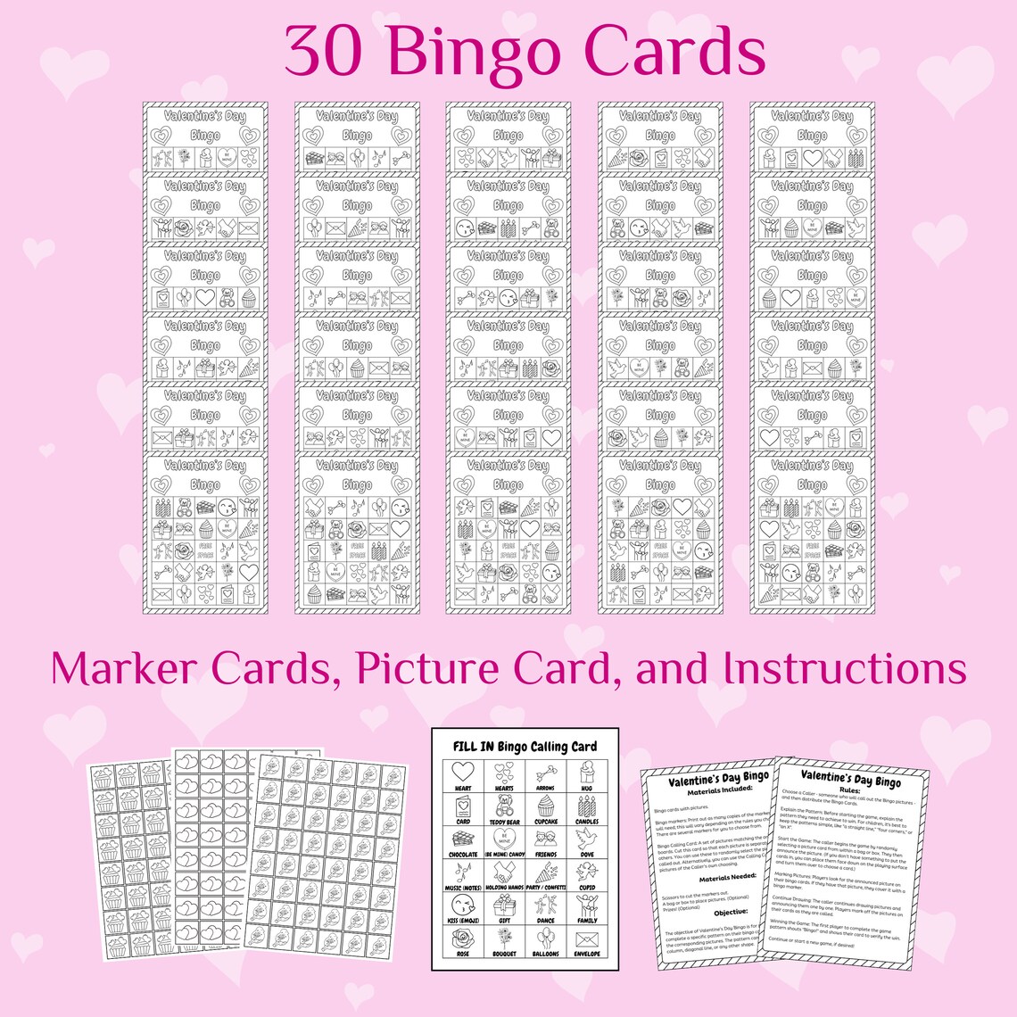 Valentine's Day Bingo Coloring Cards, 30 Unique Game Cards to Color ...