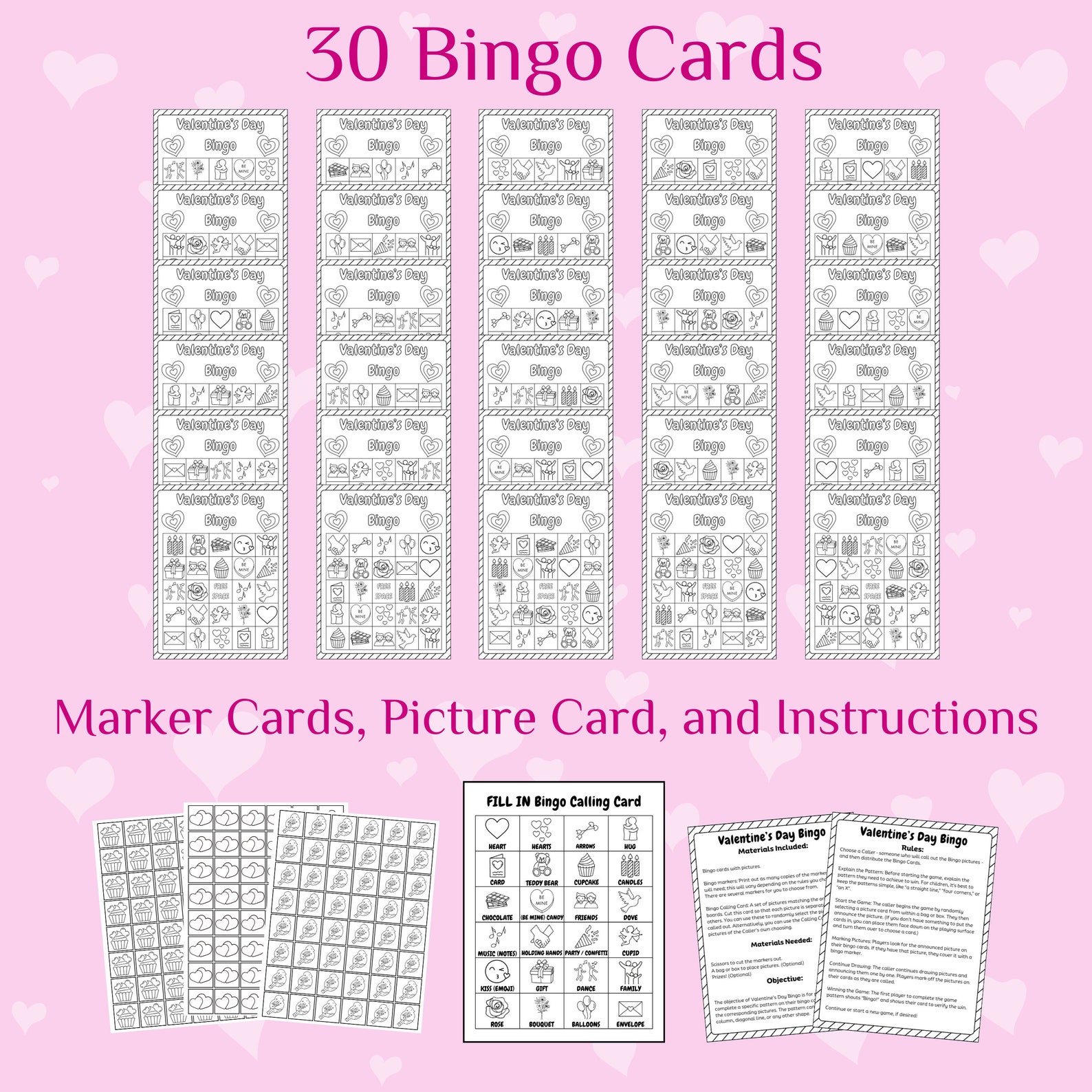Valentine's Day Bingo Coloring Cards, 30 Unique Game Cards to Color ...