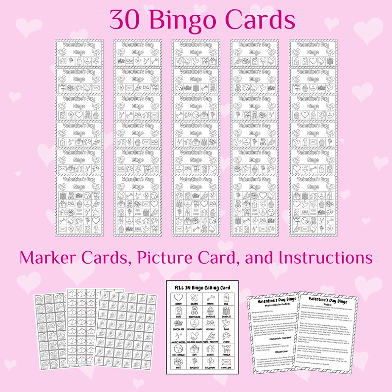 Valentine's Day Bingo Coloring Cards, 30 Unique Game Cards to Color ...