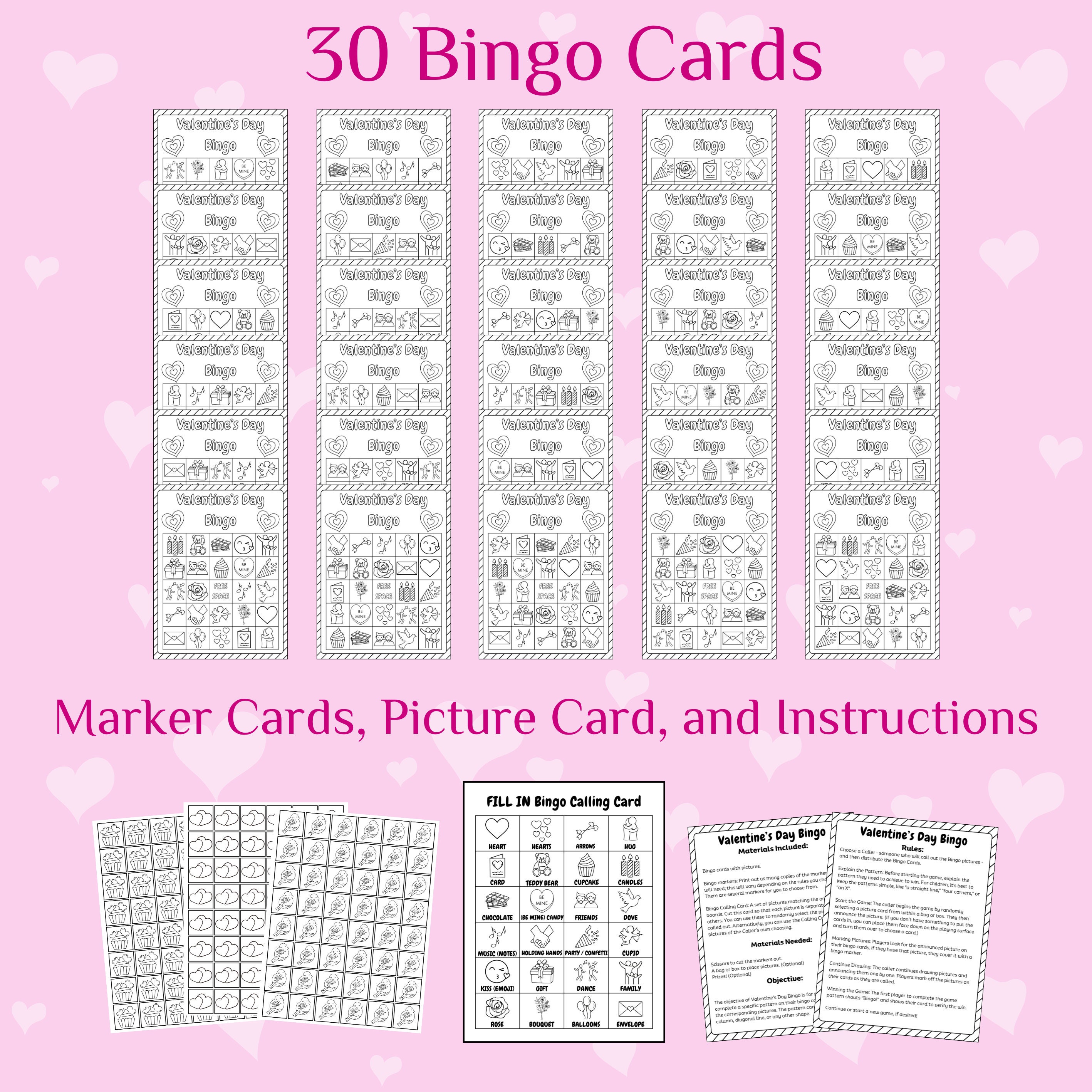 Valentine's Day Bingo Coloring Cards, 30 Unique Game Cards to Color ...