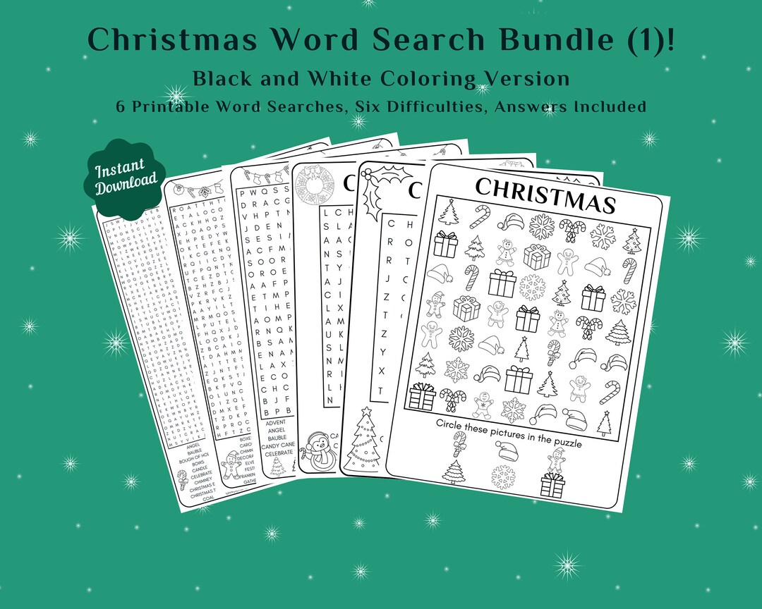 Christmas Word Search Bundle 1, Black & White Printable Download ...