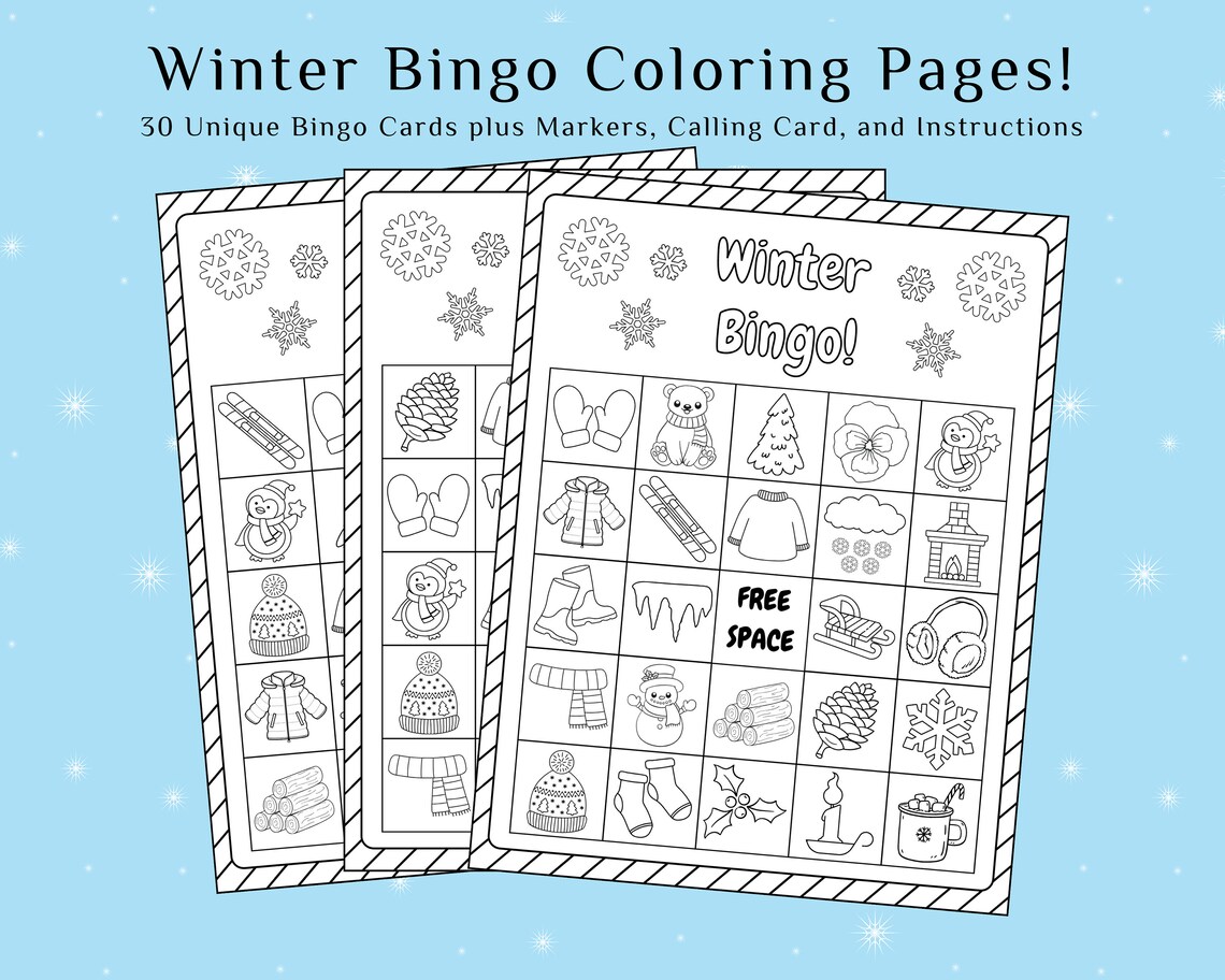 Winter Bingo Coloring Pages, 30 Unique Bingo Game Cards to Color In ...