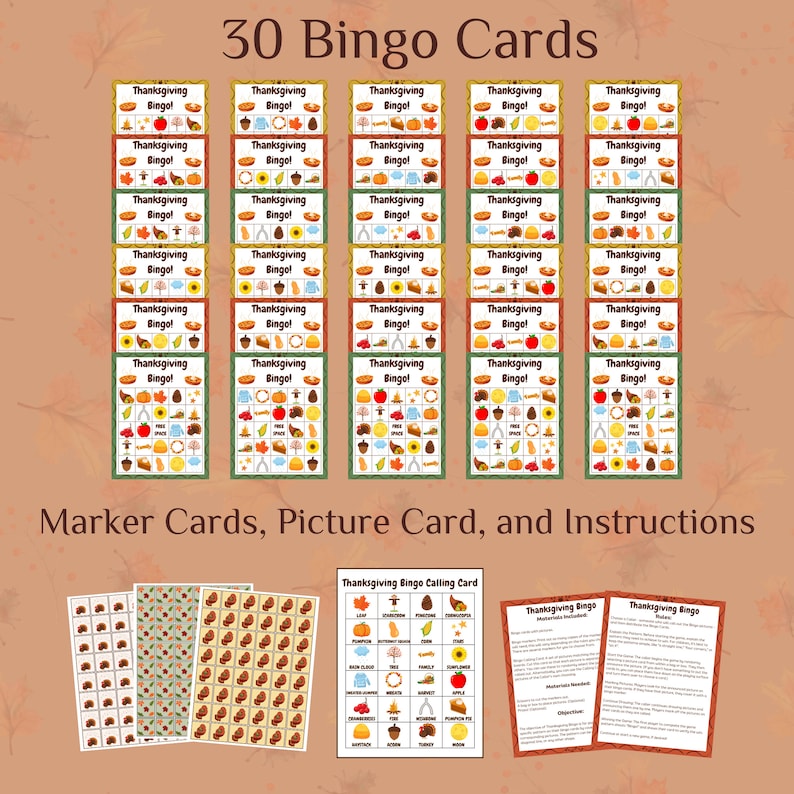 Thanksgiving Bingo for Kids and Adults, Printable Bingo Cards ...