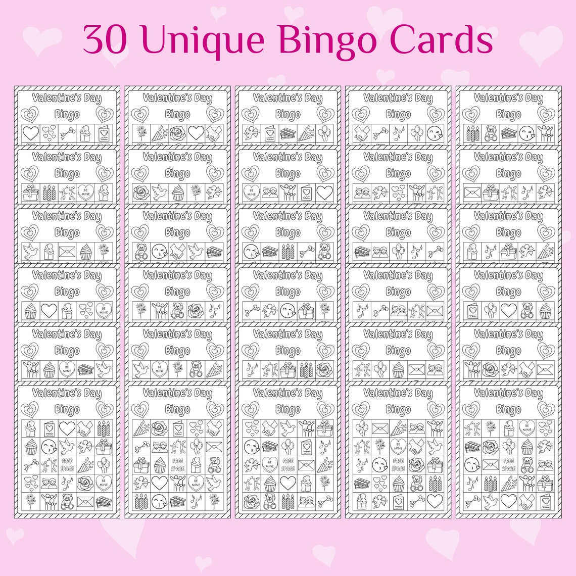 Valentine's Day Bingo Coloring Cards, 30 Unique Game Cards to Color ...